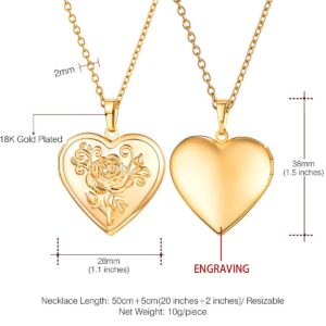 U7 Women Girls 18K Gold Plated Customized Photo and Message Engrave Romantic Flower Heart Photo Locket Necklace,Anniversary Valentines Day Gift with Box