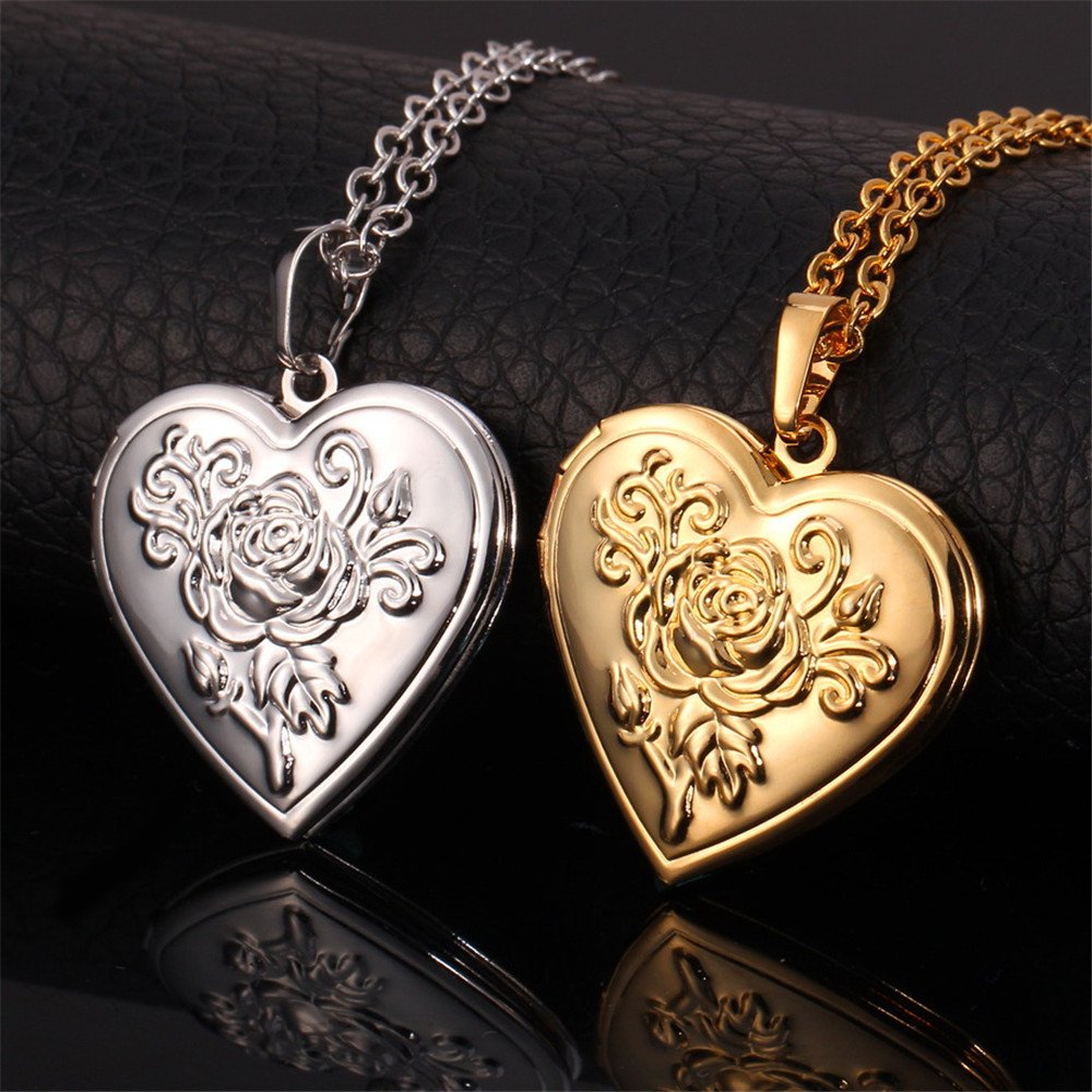 U7 Women Girls 18K Gold Plated Customized Photo and Message Engrave Romantic Flower Heart Photo Locket Necklace,Anniversary Valentines Day Gift with Box