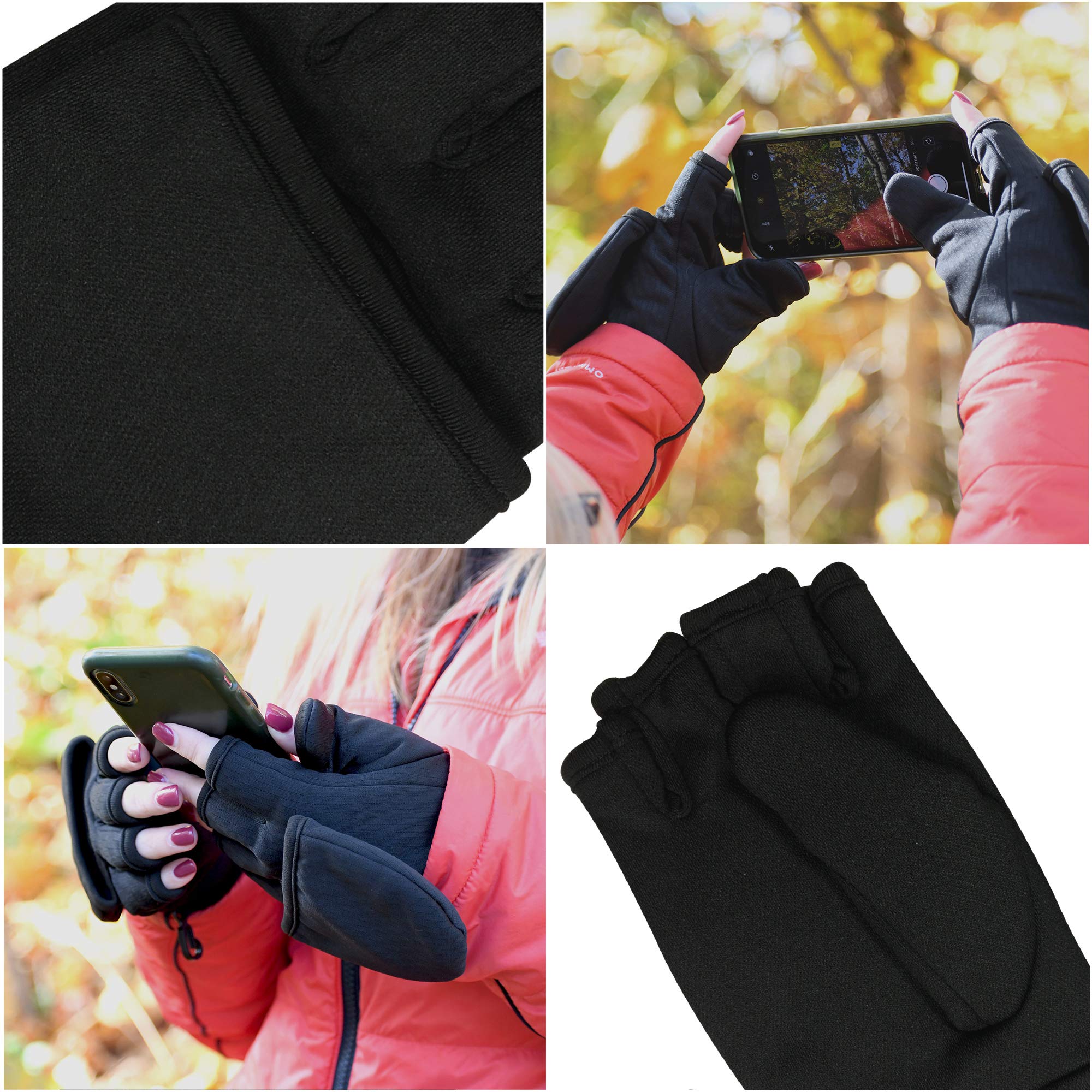 C9 Champion womens Flip Top Mitten and Fingerless Cold Weather Gloves, Black, One Size US