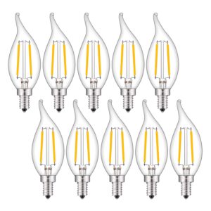 omaykey 2w led candelabra bulb 25w equivalent 3000k soft white 250lm, e12 base led chandelier light bulbs, vintage edison clear glass ca11 candle flame tip, non-dimmable, pack of 10