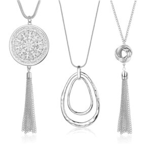 sevenstone 3pcs long pendant necklaces for women knot disk circle tassel statement sweater silver necklace set