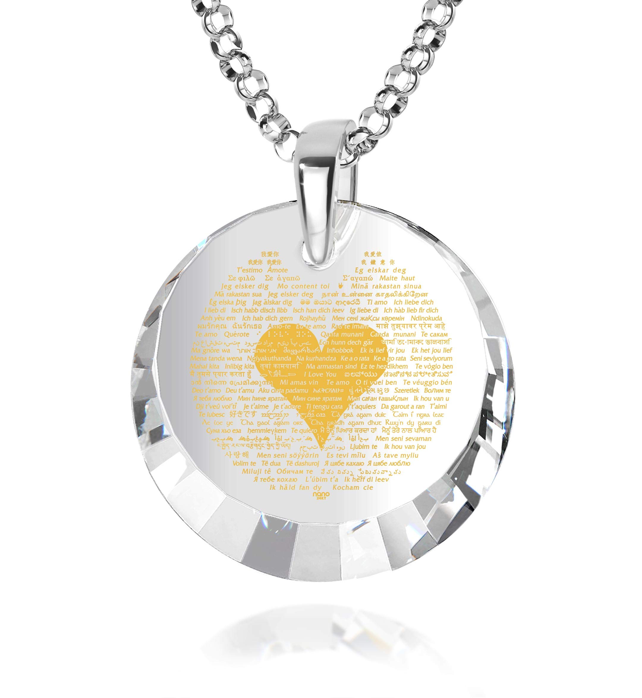 120 Languages I Love You Necklace Anniversary Birthday Gift Pendant for Women Pure Gold Inscribed in Miniature Text on Elegant Crystal Cubic Zirconia Gemstone, 18" 925 Sterling Silver Chain