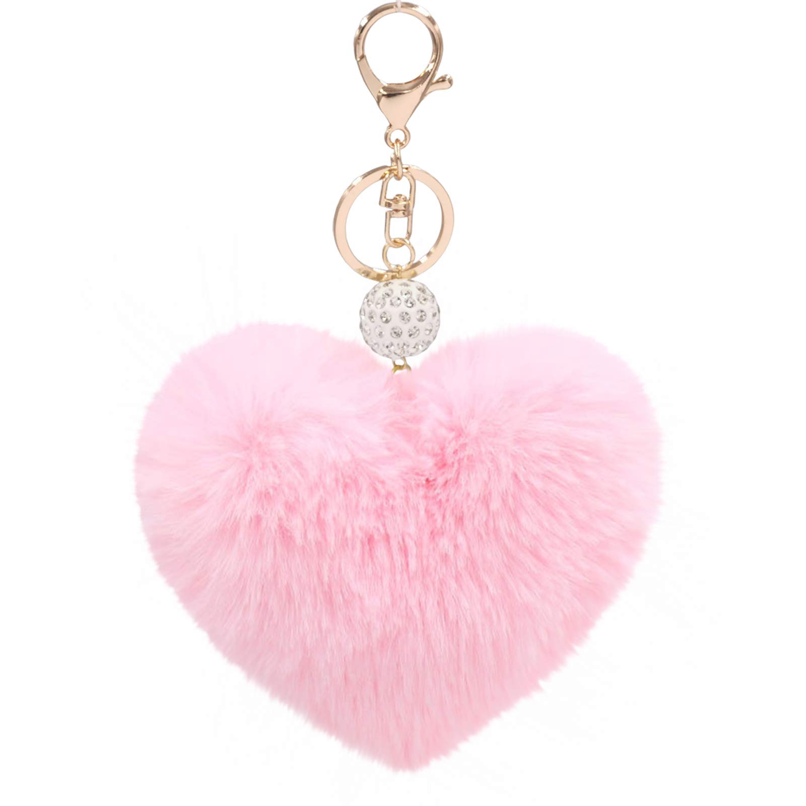 Women's Heart Faux Fur Pom Pom Key Chains Bag Accessory Puffball Keyring Backpack Charms for Girls(pink)