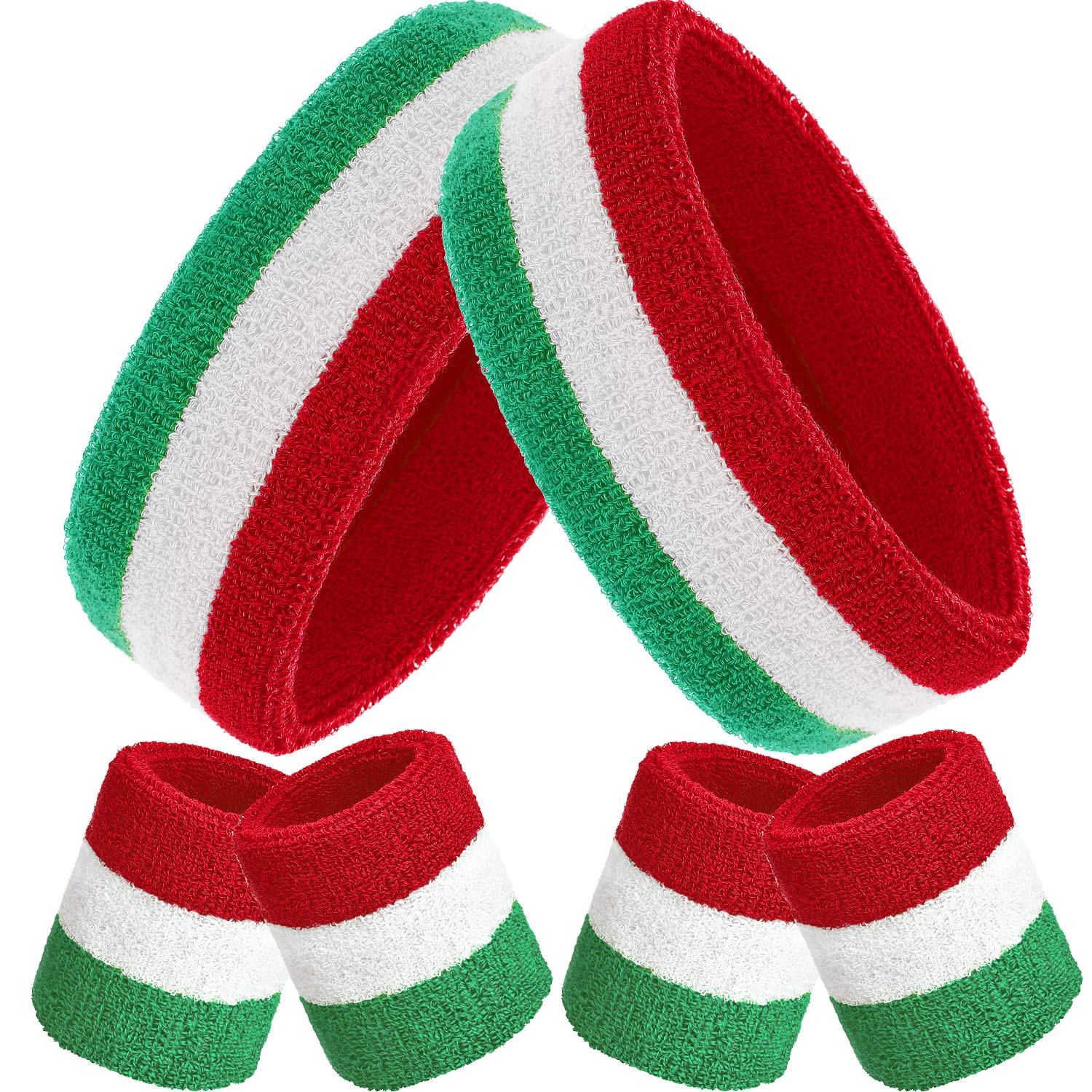 6 Pcs Terry Cloth Rainbow Sweatbands Set - 2 Headbands, 4 Wristbands for Men, Women, Gym, LGBT Pride Parade, Sports (Red, White, Green)