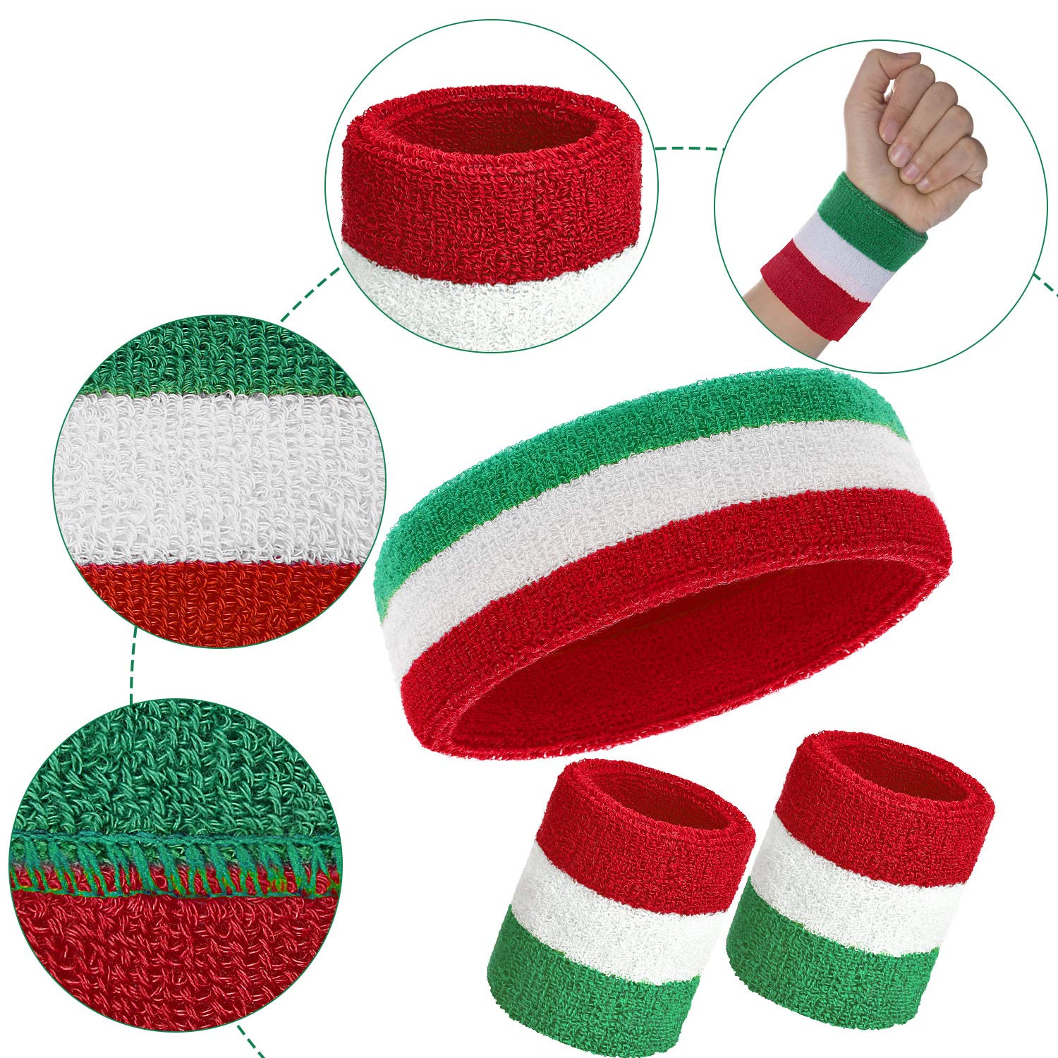 6 Pcs Terry Cloth Rainbow Sweatbands Set - 2 Headbands, 4 Wristbands for Men, Women, Gym, LGBT Pride Parade, Sports (Red, White, Green)