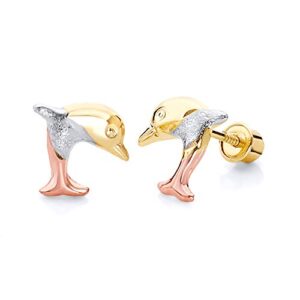 14k real tri color gold dolphin stud earrings with screw back