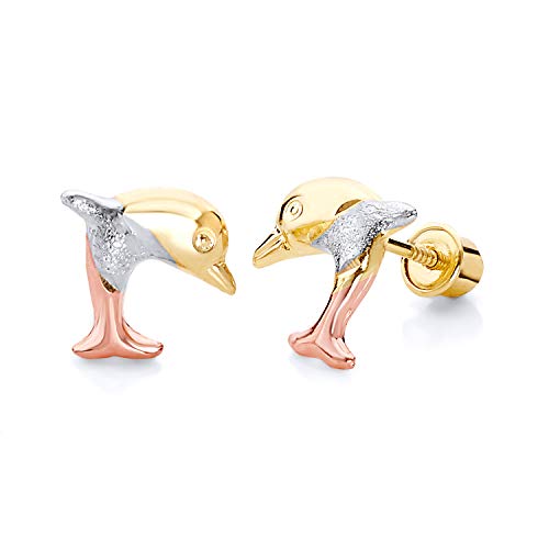 14k REAL Tri Color Gold Dolphin Stud Earrings with Screw Back