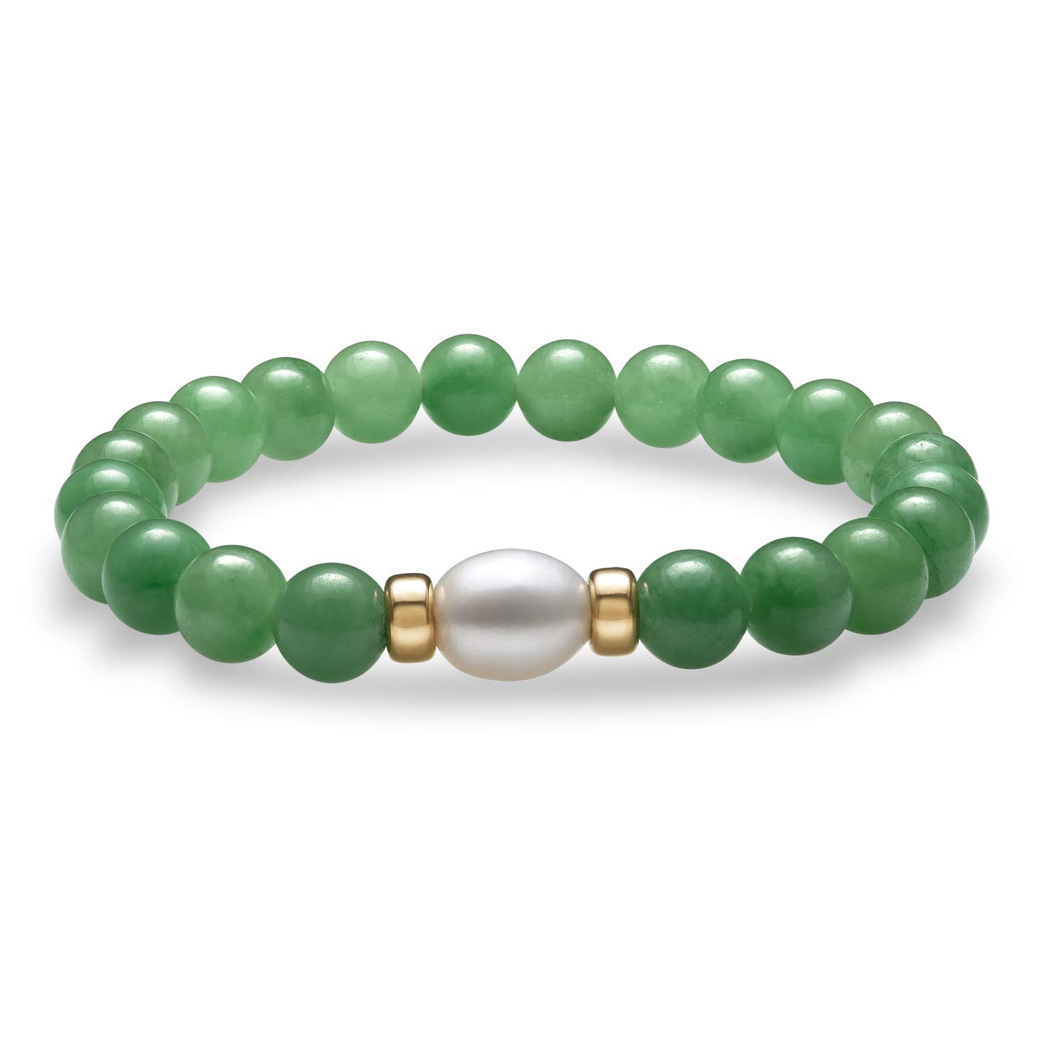 14K Gold Natural Jade and Freshwater Pearl Stretch Bracelet for Women