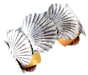 elaine coyne wearable art white chocolate patina brass overlapping scallop shells cuff bracelet