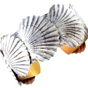 Elaine Coyne Wearable Art White Chocolate Patina Brass Overlapping Scallop Shells Cuff Bracelet