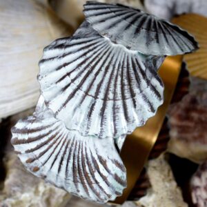 Elaine Coyne Wearable Art White Chocolate Patina Brass Overlapping Scallop Shells Cuff Bracelet