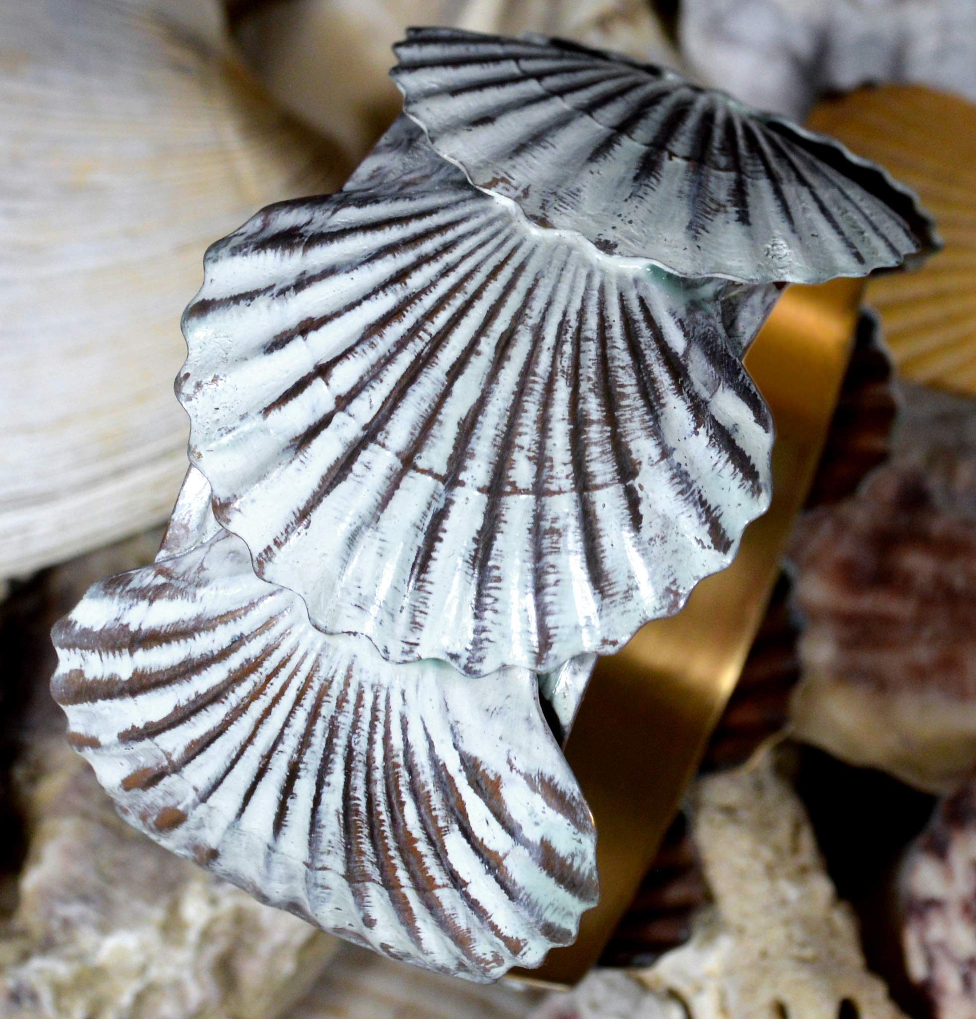 Elaine Coyne Wearable Art White Chocolate Patina Brass Overlapping Scallop Shells Cuff Bracelet