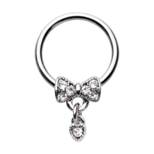 amelia fashion 16 gauge dainty bow-tie dangle captive bead ring 316l surgical steel (silver/clear)