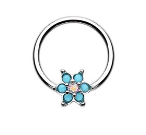 amelia fashion 16 turquoise spring flower turquoise/auroraborealis sparkle captive bead ring 316l surgical steel (silver/aurora borealis)