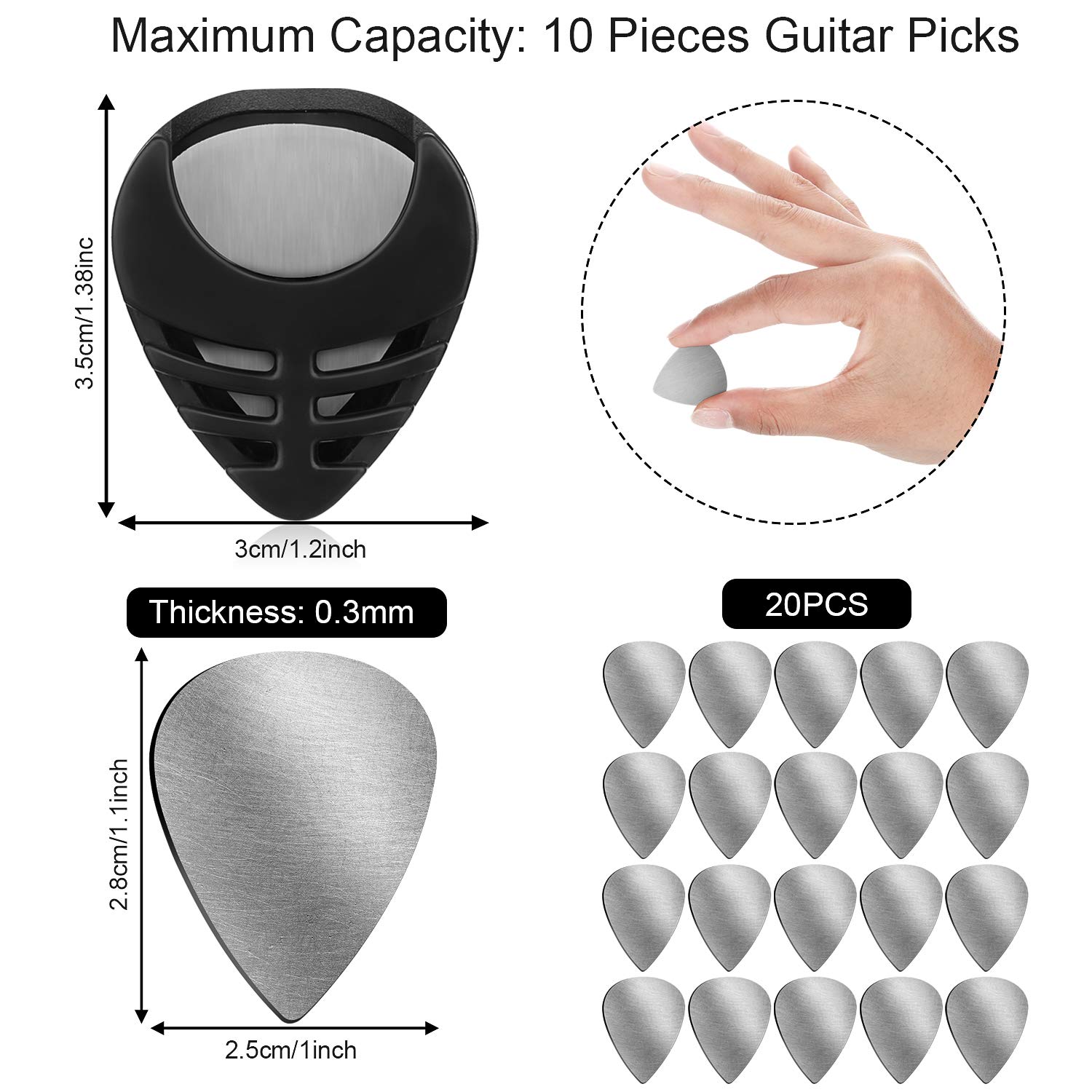 20 Pieces Metal Guitar Picks Plectrums Stainless Steel Picks Guitar Pick Holder Black With Picks Storage Case for Electric Guitar Bass Ukulele