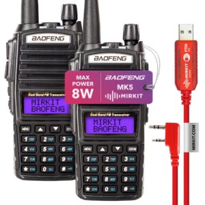 mirkit 2Х baofeng uv-82 mk5 8w max power ham radio vhf/uhf 144-148/420-450mhz walkie talkies with 2800mah li-ion baofeng battery pack, baofeng programming cable & mirkit lanyards