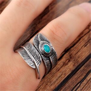 Ailiessy Vintage Feather Leaf Open Rings Punk Rhinestone Leaf Finger Rings Adjustable for Women Men Indian Ethnic Jewelry(02)