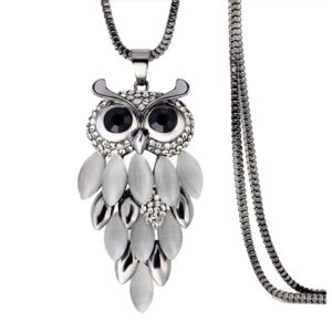 ailiessy dainty crystal owl necklace long sweater chain rhinestone owl bird necklace pendant for women(black)