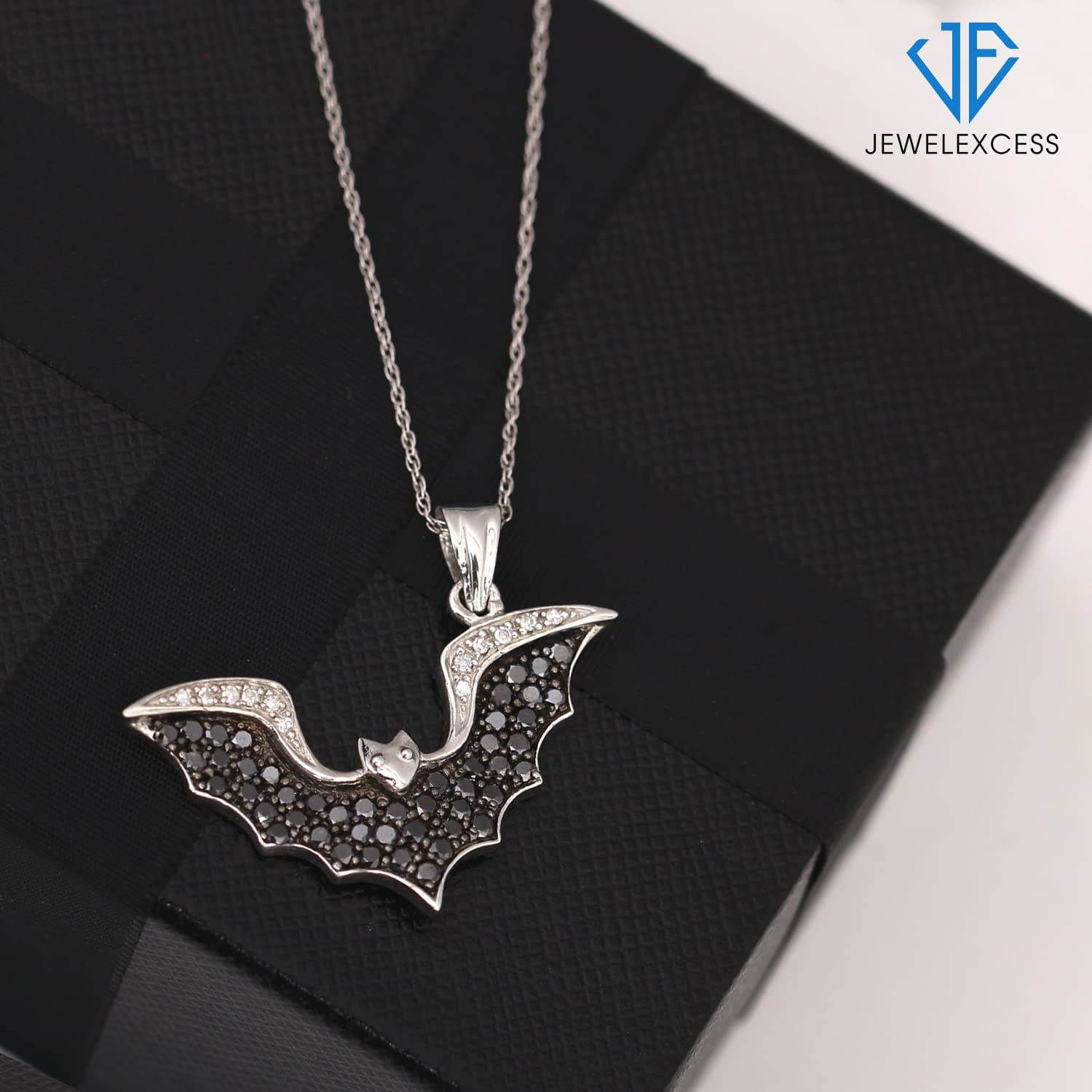 JEWELEXCESS Diamond Bat Necklace Halloween Jewelry – 1 CTW Black and White Diamond Halloween Necklace – Sterling Silver Rope Chain with Bat Pendant – Witchy Jewelry for Women