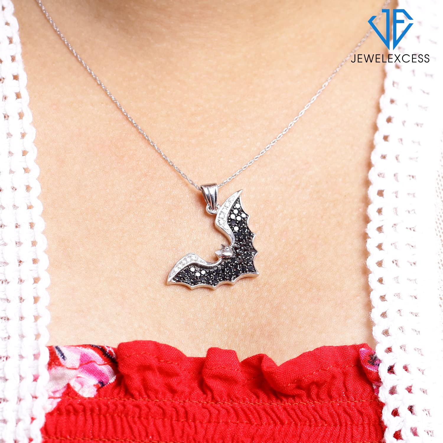 JEWELEXCESS Diamond Bat Necklace Halloween Jewelry – 1 CTW Black and White Diamond Halloween Necklace – Sterling Silver Rope Chain with Bat Pendant – Witchy Jewelry for Women