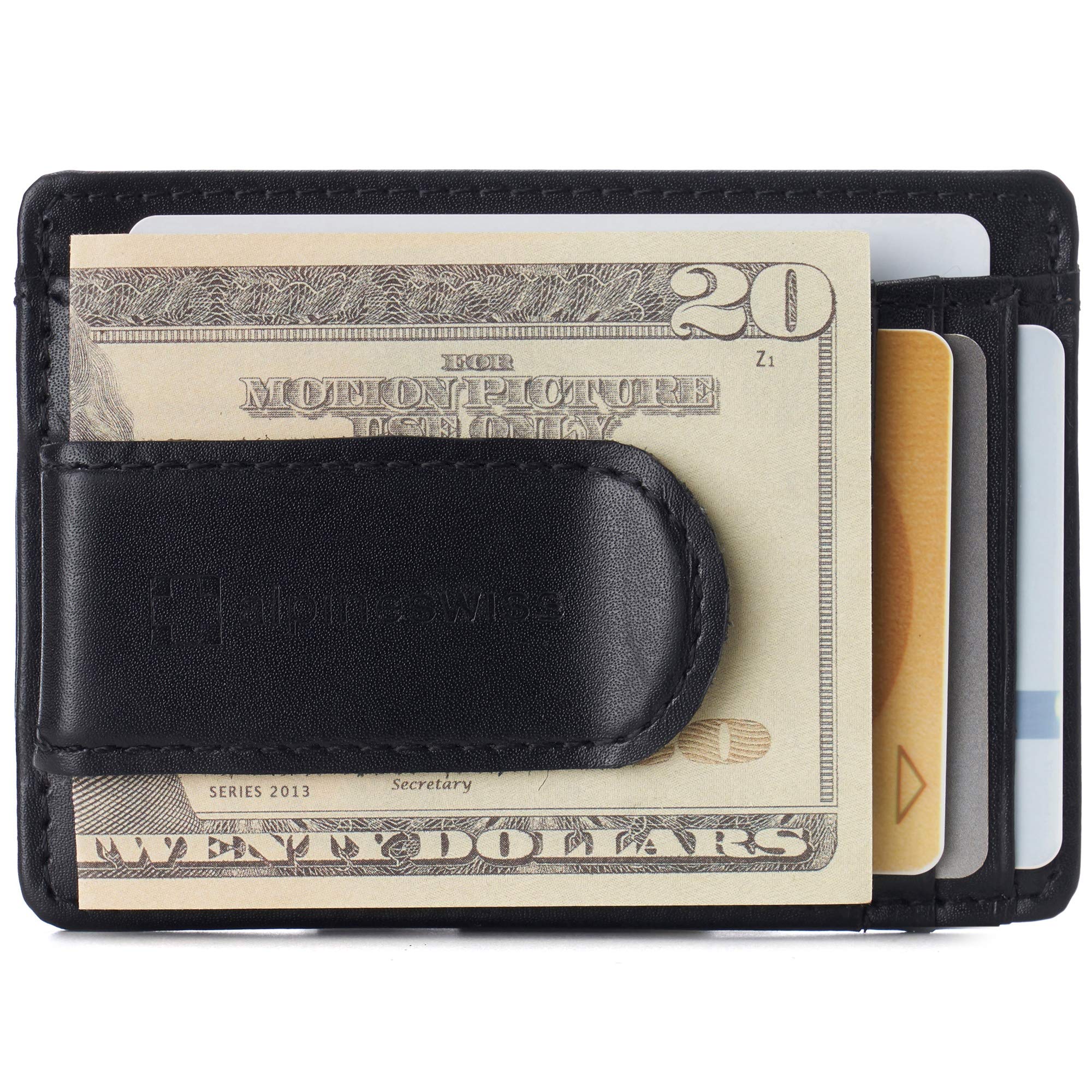 Alpine Swiss Dermot Mens RFID Safe Money Clip Minimalist Wallet Smooth Leather Comes in Gift Box Black