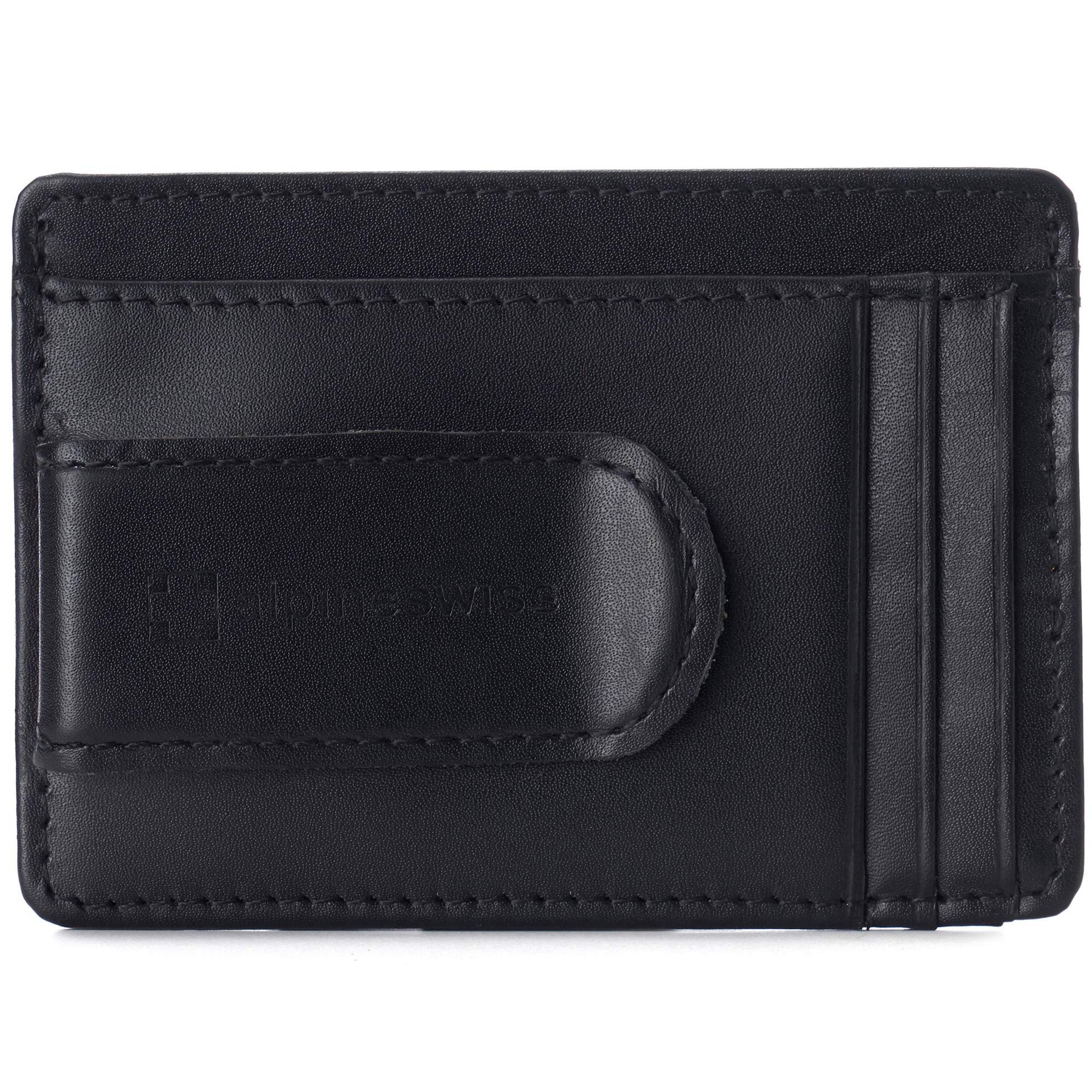 Alpine Swiss Dermot Mens RFID Safe Money Clip Minimalist Wallet Smooth Leather Comes in Gift Box Black