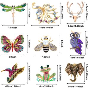 Hicarer 9 Pieces Women Brooches Pins Bulk Set Rhinestone Animal Insect Crystal Pins Butterfly Dragonfly Hummingbird Owl Peacock Brooch Pin for Women Girls Gifts, 9 Styles