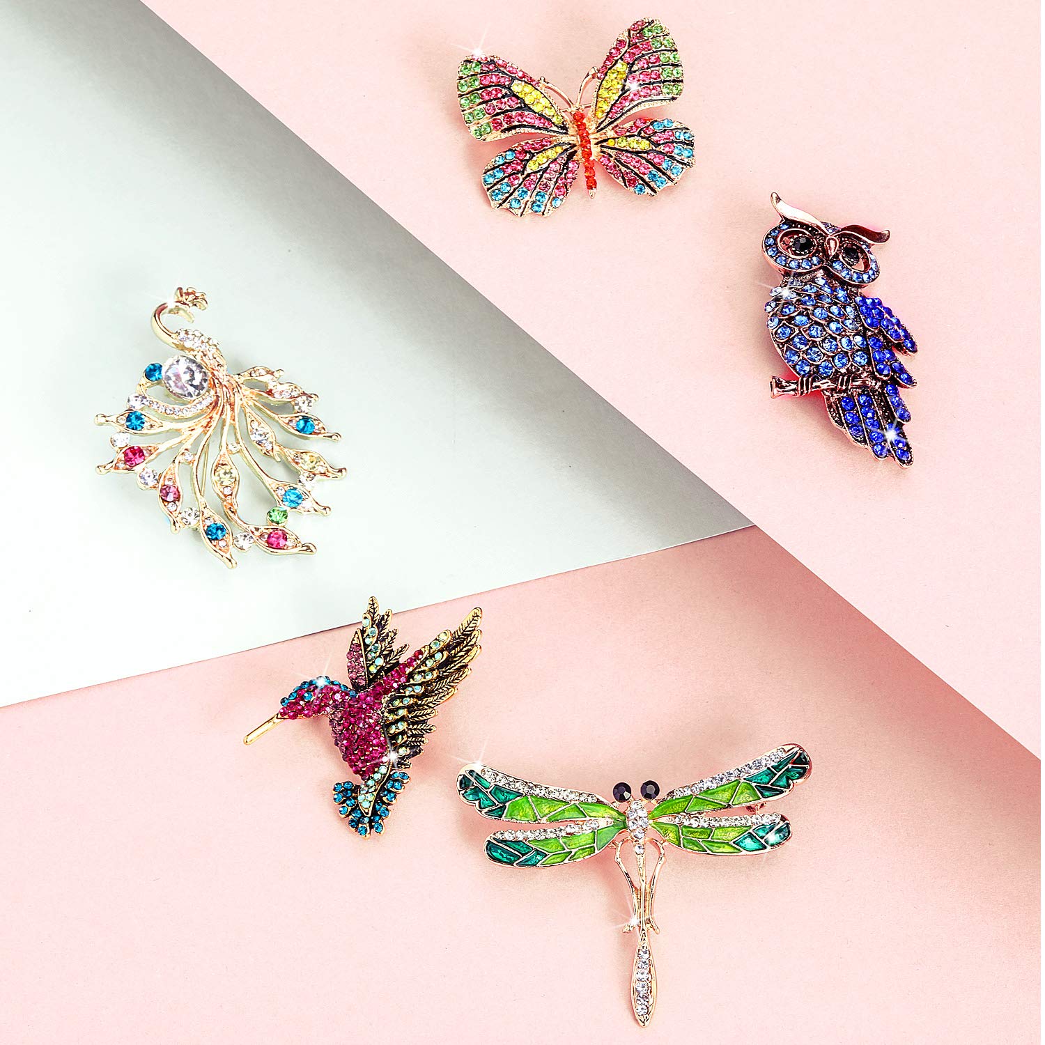 Hicarer 9 Pieces Women Brooches Pins Bulk Set Rhinestone Animal Insect Crystal Pins Butterfly Dragonfly Hummingbird Owl Peacock Brooch Pin for Women Girls Gifts, 9 Styles