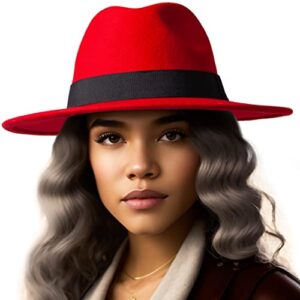 ladybro fedora hats for women wide brim hat, incld 3 decor belts, wool felt, 58cm adjustable women's fedora (wool, red, fit for 22" - 22 7/8")