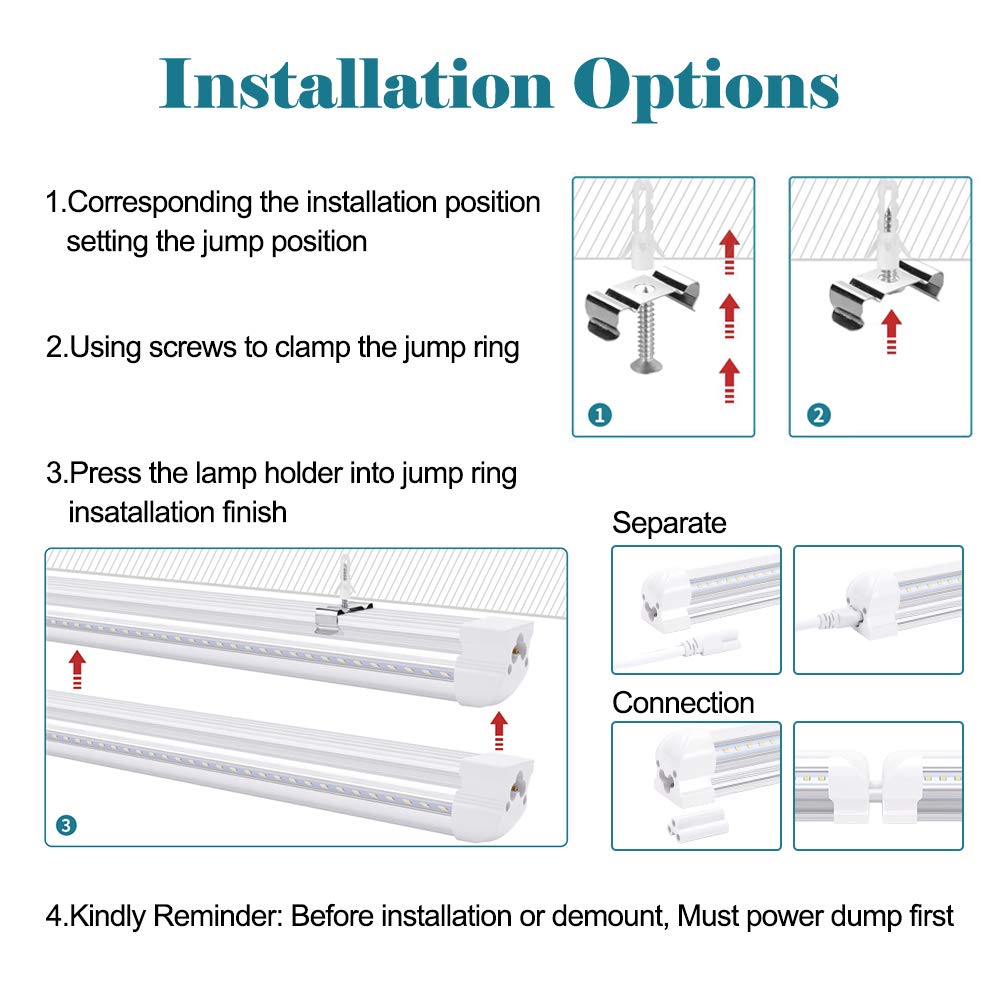 JOMITOP 8 ft Led Shop Light Fixture 120W 14400 Lumens 6500K Cold White T8 V Shaped Integrated Led Tube Light 4 Rows Cooler Door Light, Warehouse Super Bright White Pack of 10