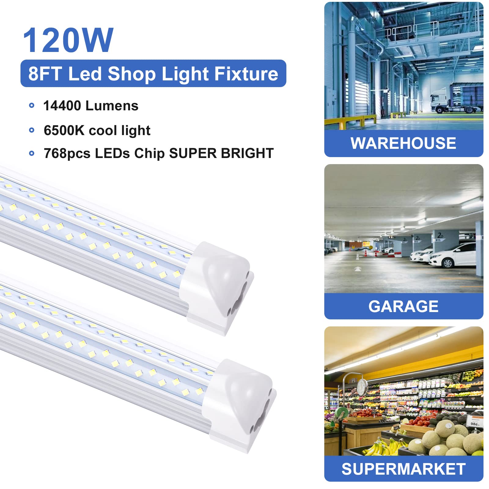 JOMITOP 8 ft Led Shop Light Fixture 120W 14400 Lumens 6500K Cold White T8 V Shaped Integrated Led Tube Light 4 Rows Cooler Door Light, Warehouse Super Bright White Pack of 10