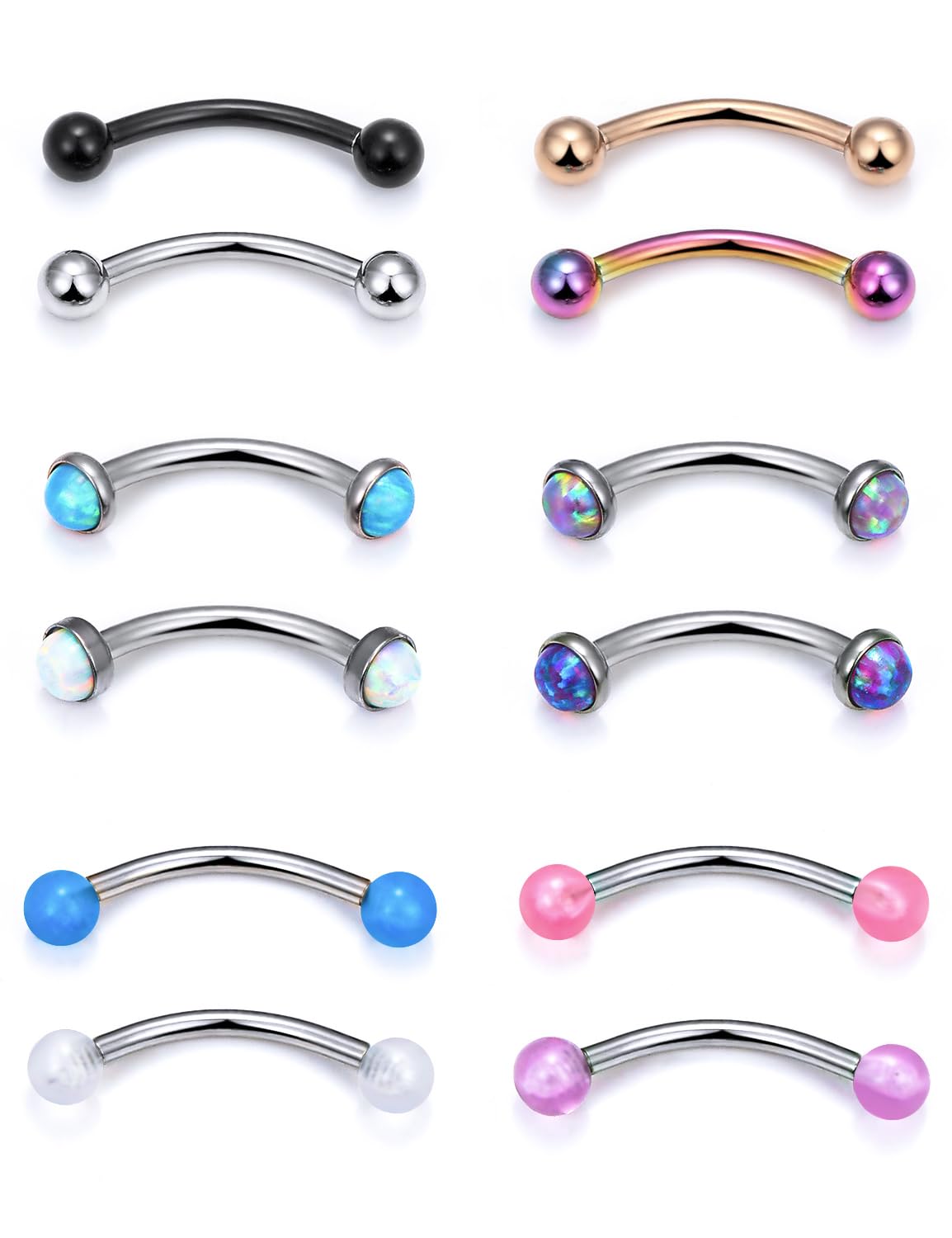 Prjndjw 16G Eyebrow Rings Surgical Steel Eyebrow Piercing Opal Glow in The Dark Cartilage Rook Daith Tragus Earrings Navel Belly Lip Curved Barbell Body Jewelry 5/16in(8mm) 12PCS 3mm