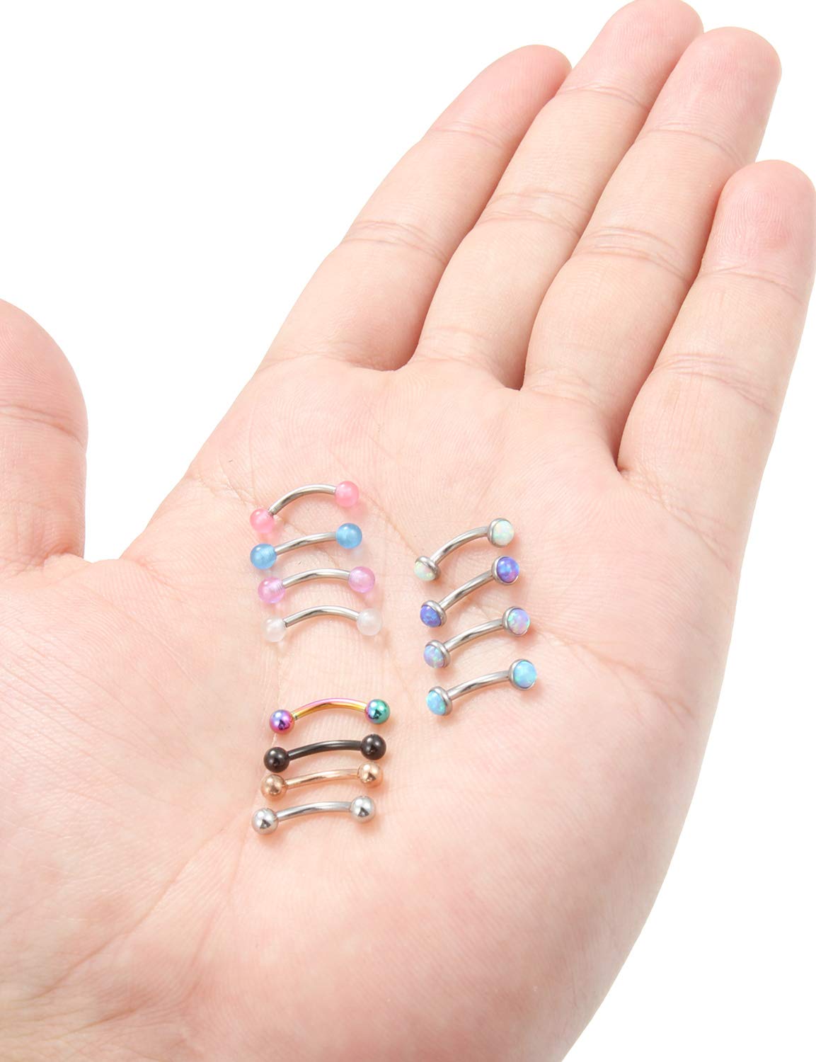 Prjndjw 16G Eyebrow Rings Surgical Steel Eyebrow Piercing Opal Glow in The Dark Cartilage Rook Daith Tragus Earrings Navel Belly Lip Curved Barbell Body Jewelry 5/16in(8mm) 12PCS 3mm