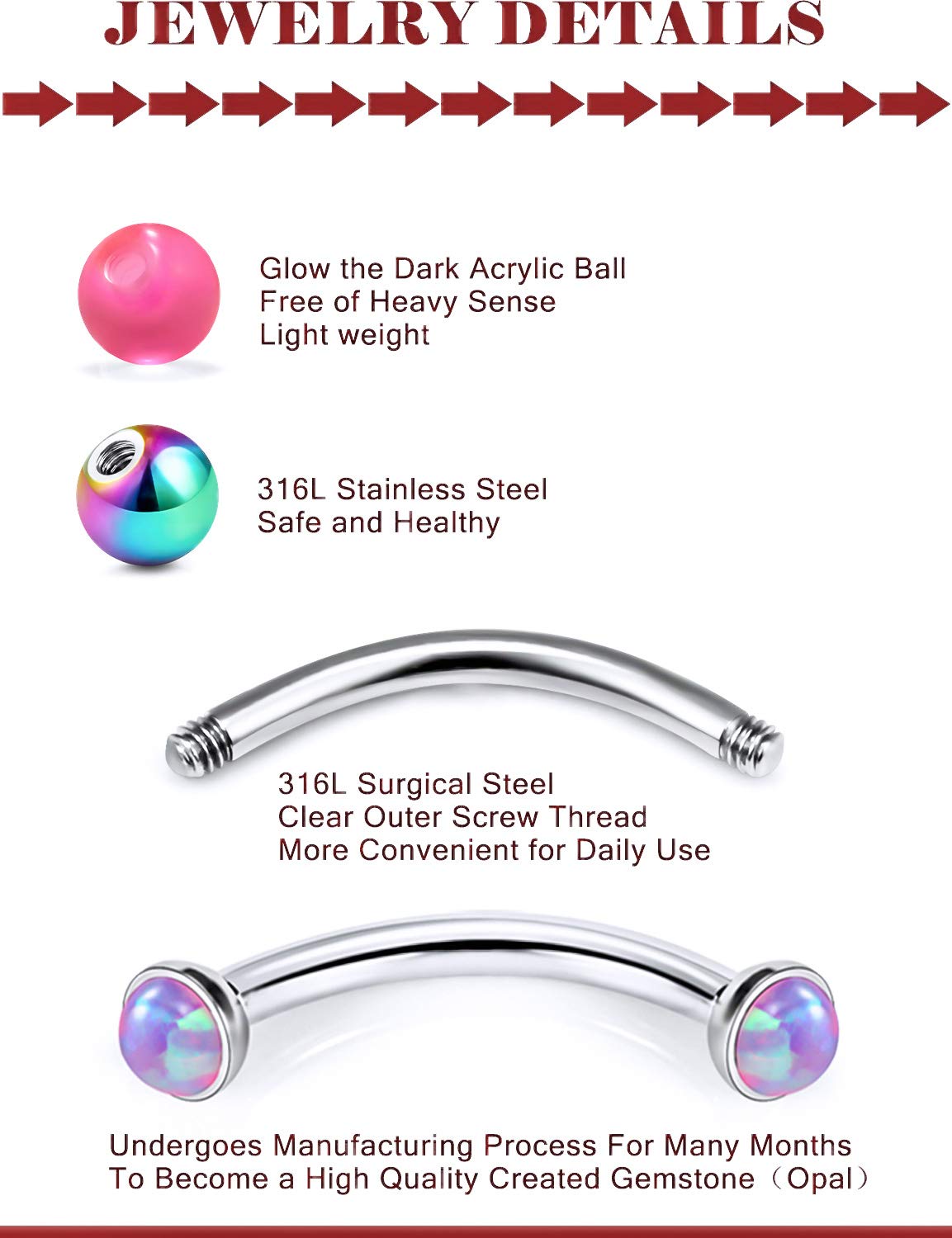 Prjndjw 16G Eyebrow Rings Surgical Steel Eyebrow Piercing Opal Glow in The Dark Cartilage Rook Daith Tragus Earrings Navel Belly Lip Curved Barbell Body Jewelry 5/16in(8mm) 12PCS 3mm