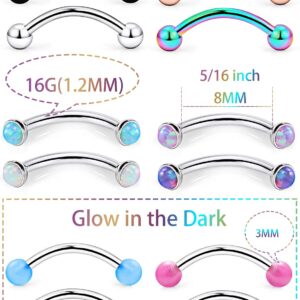 Prjndjw 16G Eyebrow Rings Surgical Steel Eyebrow Piercing Opal Glow in The Dark Cartilage Rook Daith Tragus Earrings Navel Belly Lip Curved Barbell Body Jewelry 5/16in(8mm) 12PCS 3mm