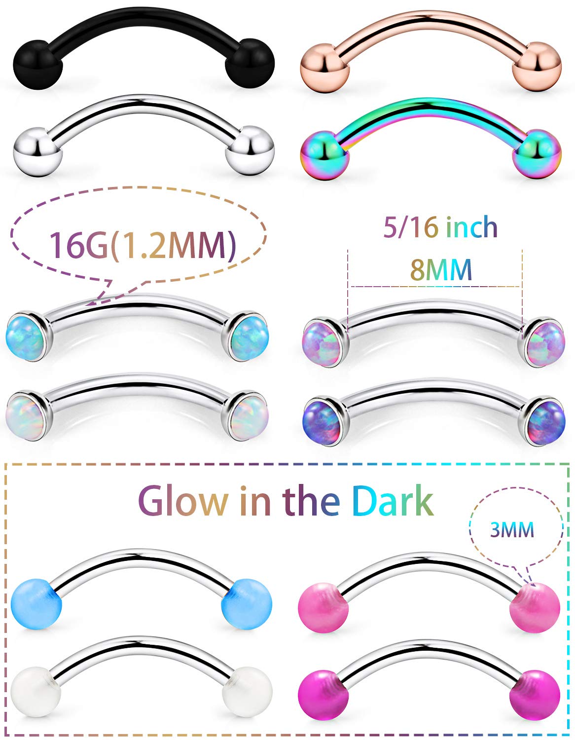 Prjndjw 16G Eyebrow Rings Surgical Steel Eyebrow Piercing Opal Glow in The Dark Cartilage Rook Daith Tragus Earrings Navel Belly Lip Curved Barbell Body Jewelry 5/16in(8mm) 12PCS 3mm