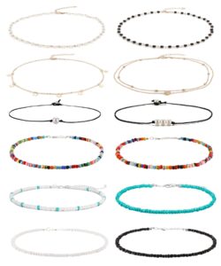 wremily 4-12 pieces beaded choker necklaces for women boho seed bead choker set hawaiian handmade turquoise beach beads necklace chain jewelry