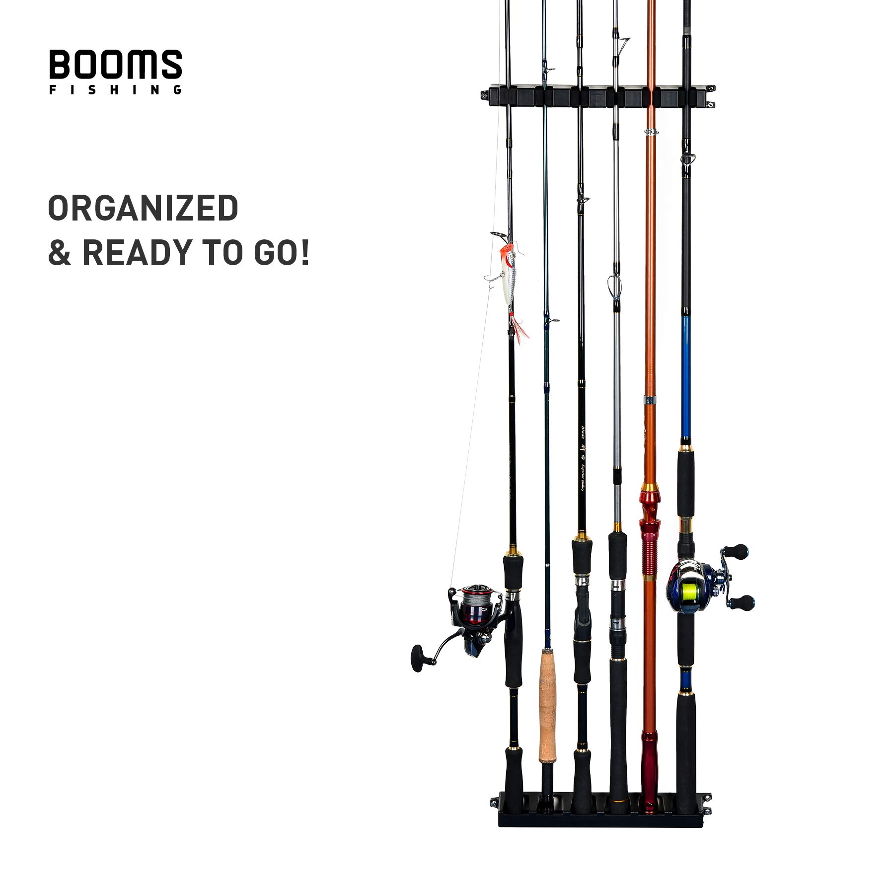 Booms Fishing WV2 Fishing Pole Holder Wall Mount, Vertical Fishing Rod Holders, Fishing Pole Rack for Garage, 13.6” Fishing Rod Rack Holds Up to 6 Rods or Combos, Black