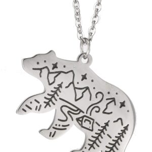 VASSAGO Stainless Steel Cute Polar Bear Necklace Engraved Mountain Forest Star Cabin Nature Animal Pendant (silver)