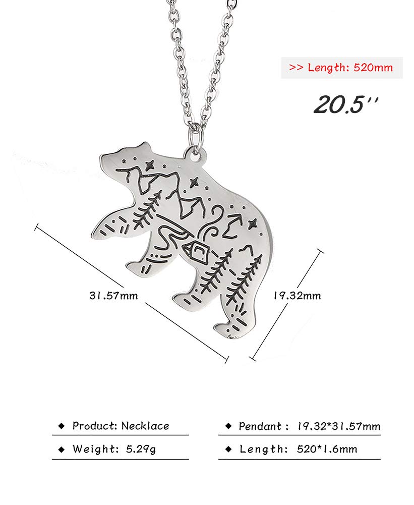 VASSAGO Stainless Steel Cute Polar Bear Necklace Engraved Mountain Forest Star Cabin Nature Animal Pendant (silver)