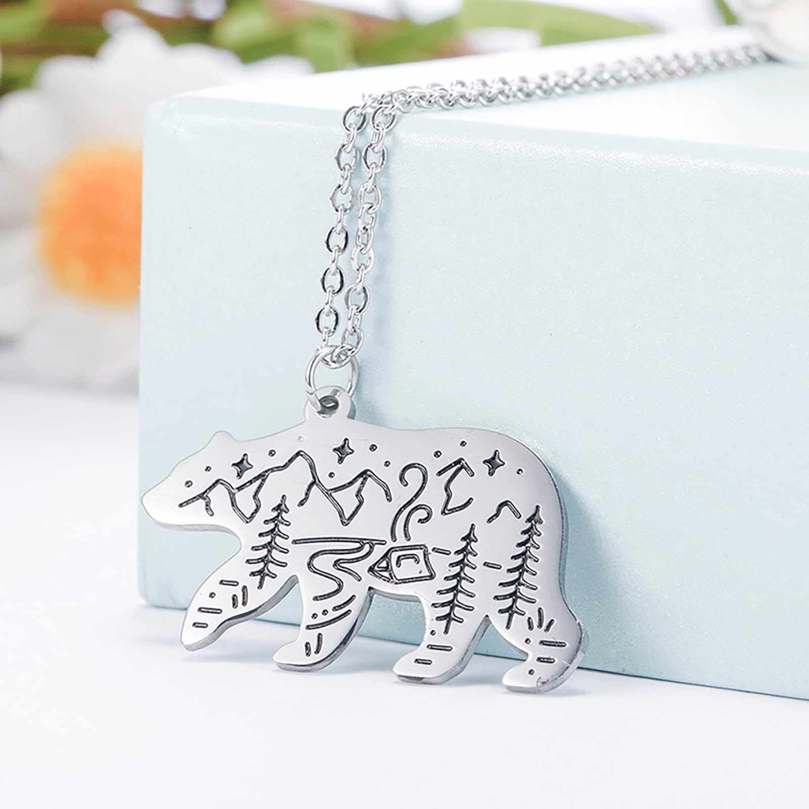 VASSAGO Stainless Steel Cute Polar Bear Necklace Engraved Mountain Forest Star Cabin Nature Animal Pendant (silver)