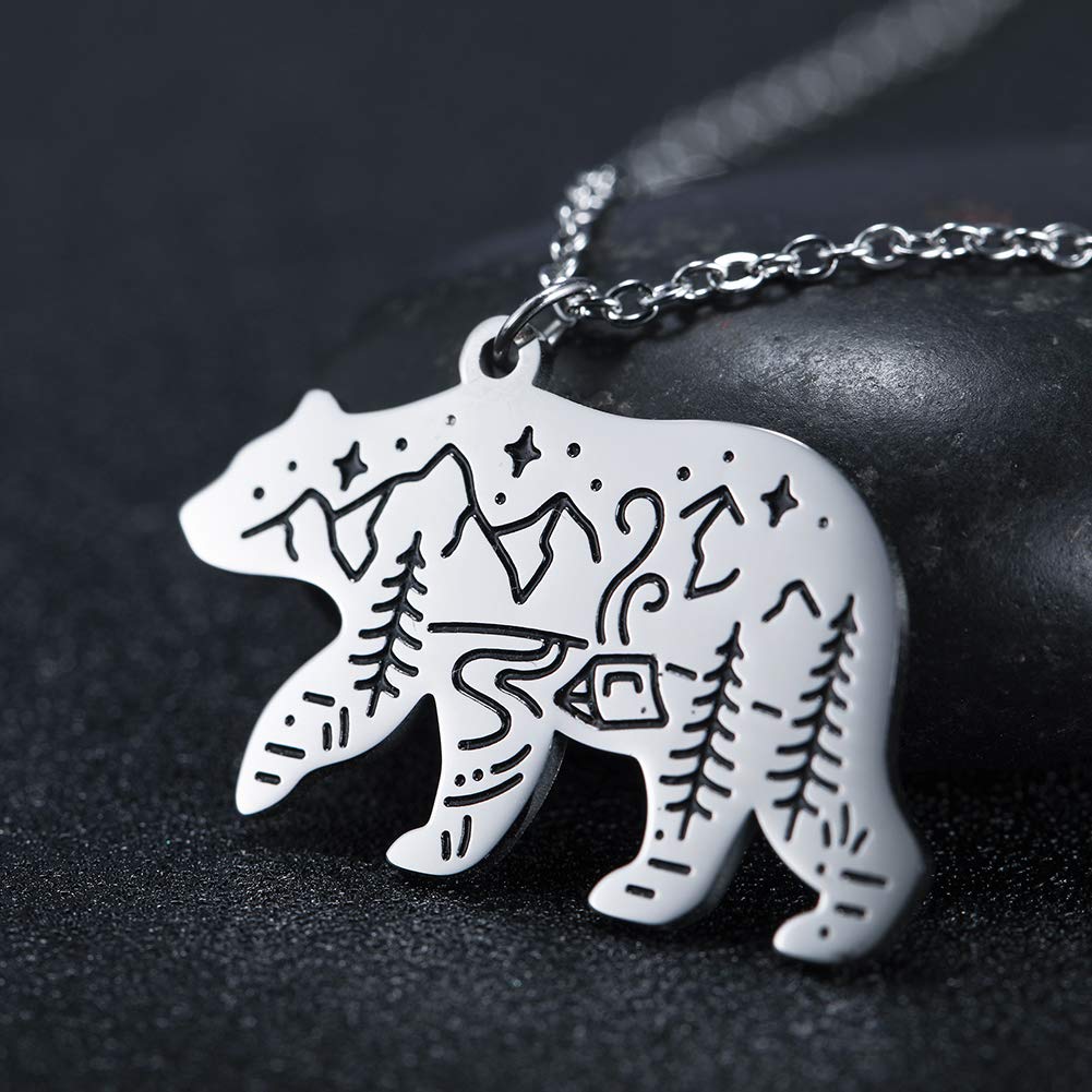 VASSAGO Stainless Steel Cute Polar Bear Necklace Engraved Mountain Forest Star Cabin Nature Animal Pendant (silver)