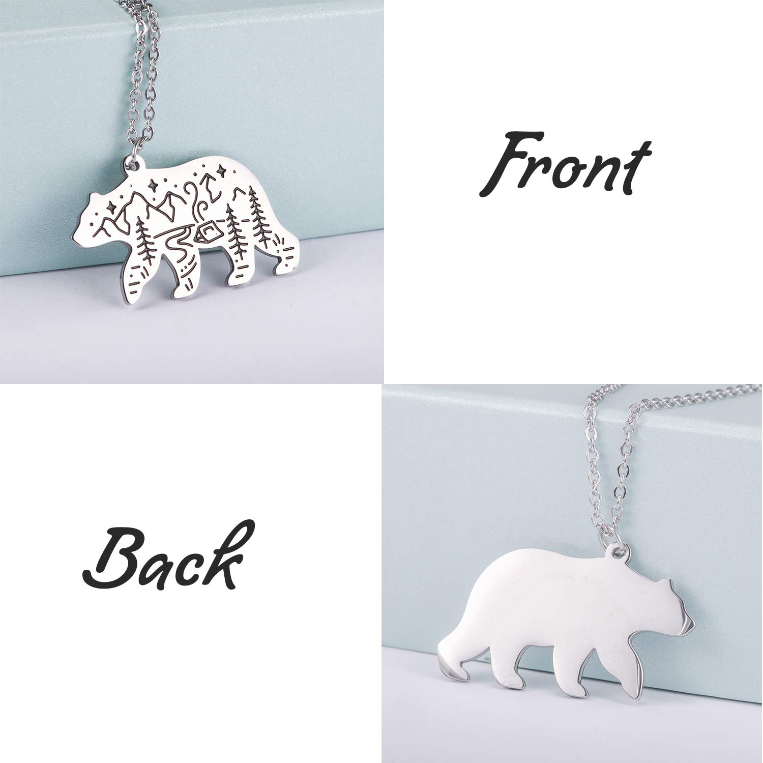 VASSAGO Stainless Steel Cute Polar Bear Necklace Engraved Mountain Forest Star Cabin Nature Animal Pendant (silver)