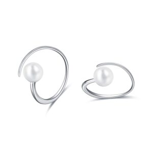 sterling silver pearl spiral hoop earrings pull through small hoop earring for women