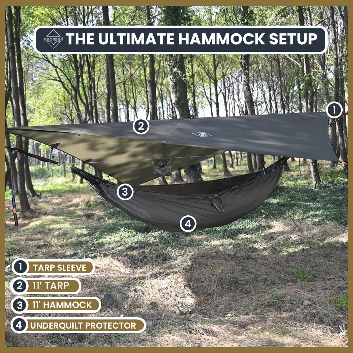 Onewind 11ft Hammock Tarp, Lightweight Silnylon Hammock Rain Fly, 4000mm Waterproof 4-Season Multiple Shelter Solution Camping Tarp Tent with Complete Accessories, OD Green