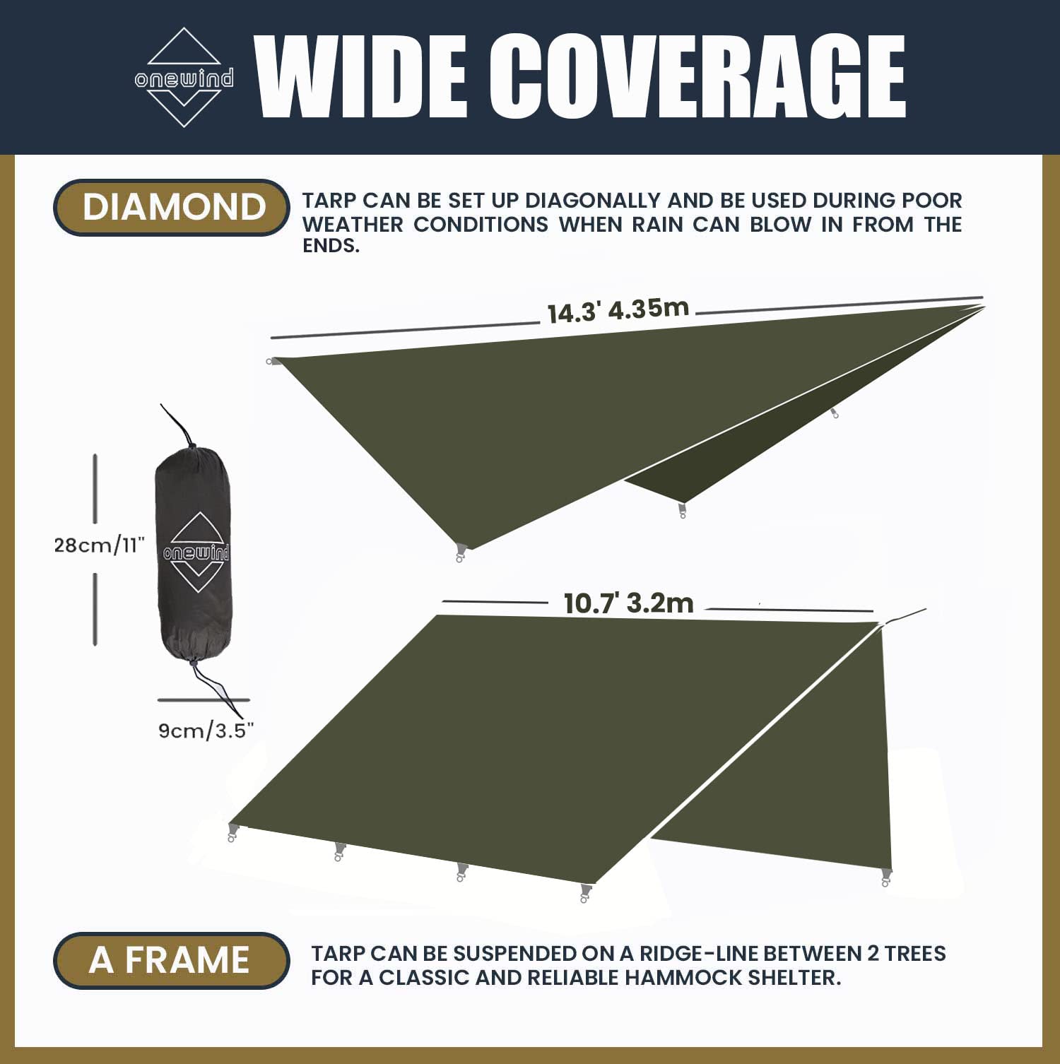 Onewind 11ft Hammock Tarp, Lightweight Silnylon Hammock Rain Fly, 4000mm Waterproof 4-Season Multiple Shelter Solution Camping Tarp Tent with Complete Accessories, OD Green