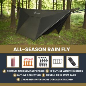 Onewind 11ft Hammock Tarp, Lightweight Silnylon Hammock Rain Fly, 4000mm Waterproof 4-Season Multiple Shelter Solution Camping Tarp Tent with Complete Accessories, OD Green