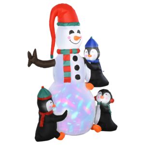 homcom 6' christmas inflatables outdoor decorations snowman with penguins, blow-up yard christmas decor with led rotating colorful light