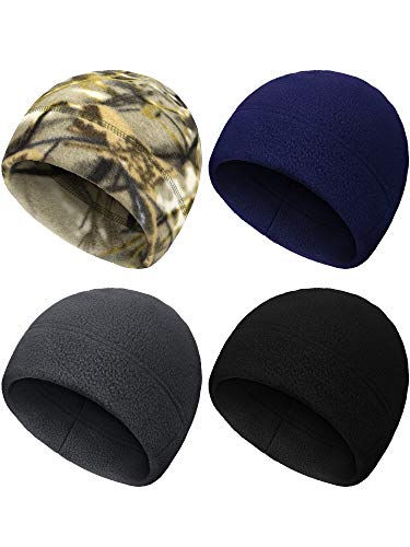 SATINIOR 4 Pieces Skull Caps for Men Women Fleece Winter Hat Warm Soft Polar Beanie Hat Thick Windproof(Black, Camouflage, Navy Blue, Grey, Large)