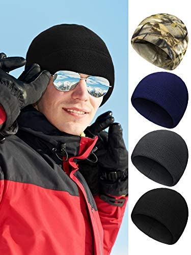 SATINIOR 4 Pieces Skull Caps for Men Women Fleece Winter Hat Warm Soft Polar Beanie Hat Thick Windproof(Black, Camouflage, Navy Blue, Grey, Large)